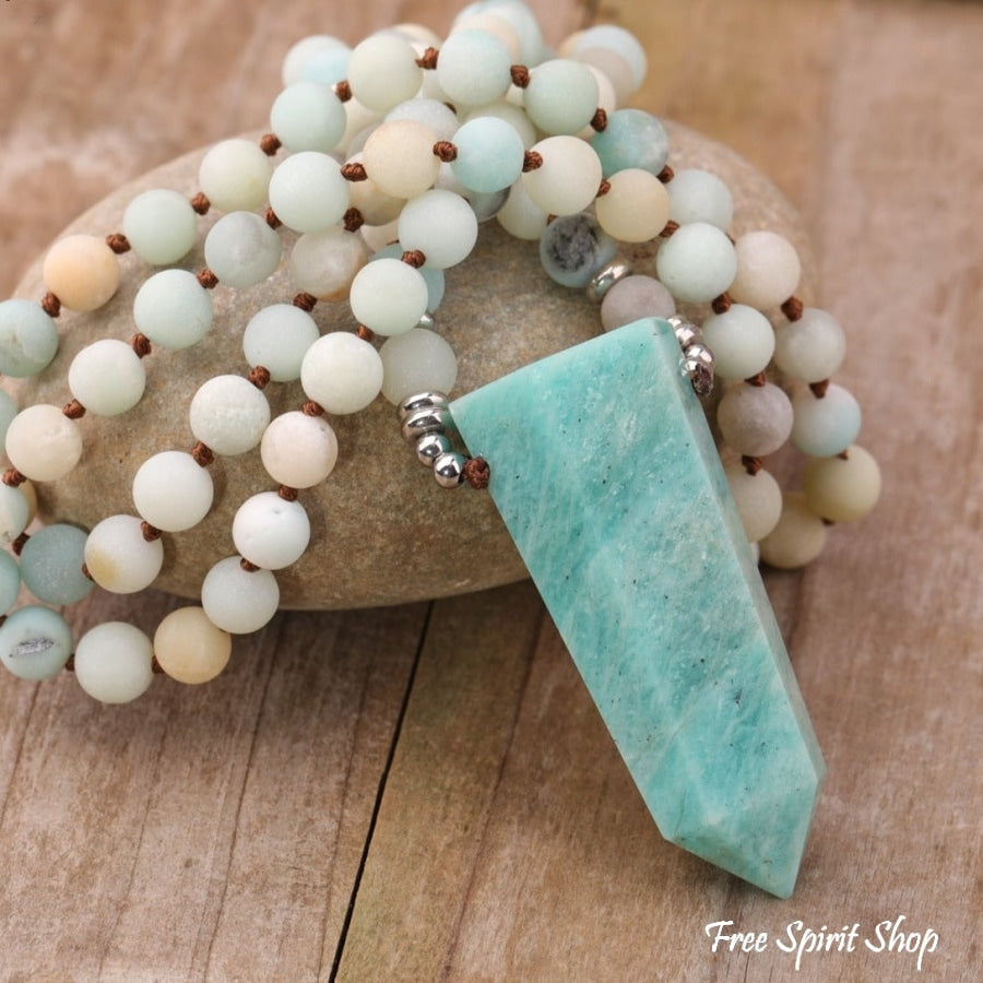 108 Natural Amazonite Wandpoint Mala Bead Necklace