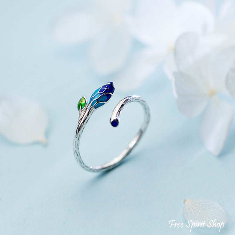 925 Sterling Silver Leaf & Blue Flower Ring
