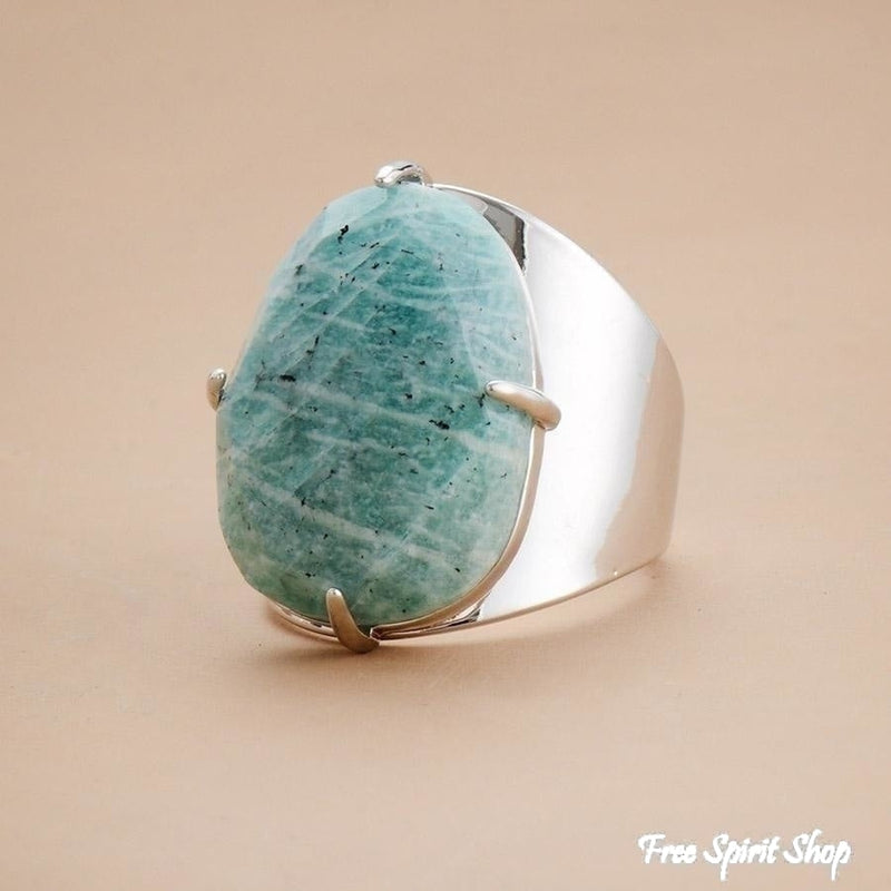 Big Amazonite Stone Ring - Gold or Silver