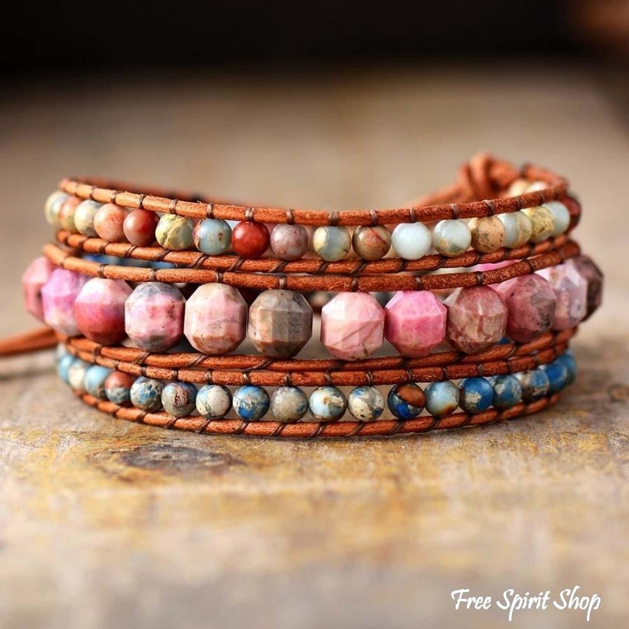 Handmade Natural Rhodonite & Jasper Wrap Bracelet