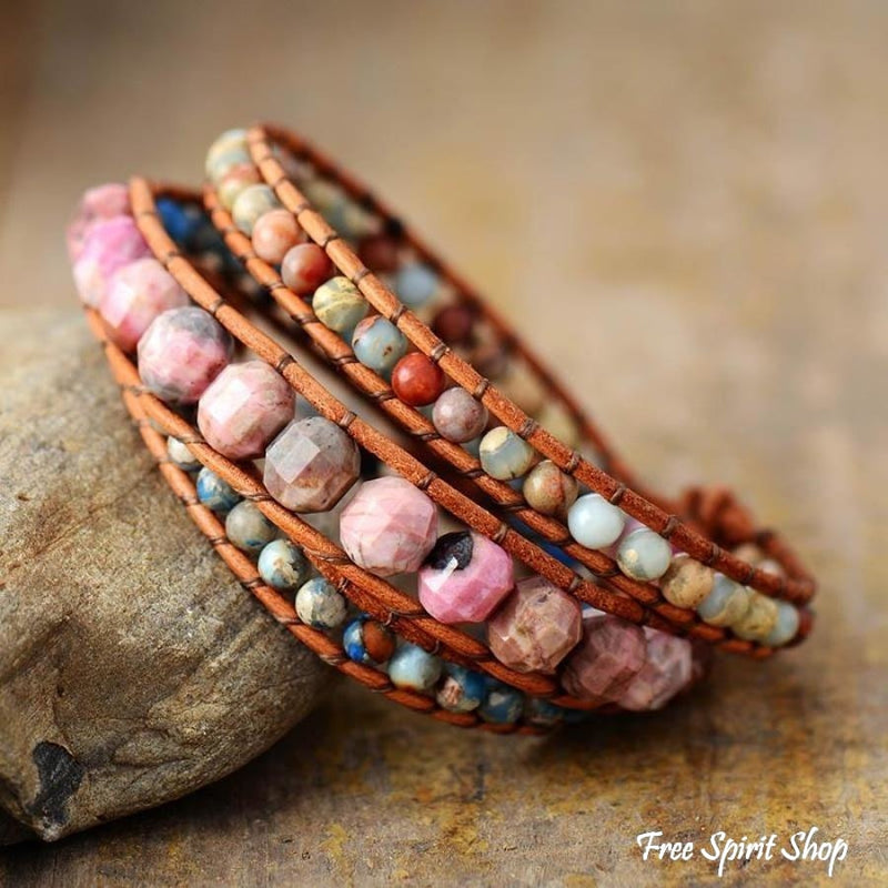 Handmade Natural Faceted Rhodonite & King Jasper Wrap Bracelet