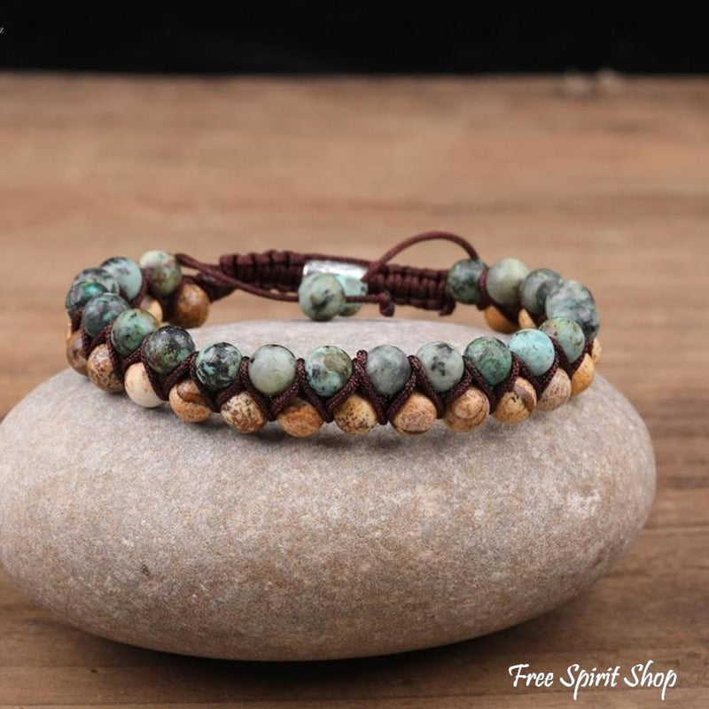 Natural African Turquoise & Picture Jasper Braided Bracelet