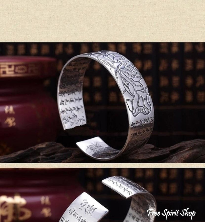 S990 Silver Buddhist Lotus & Heart Sutra Bangle Bracelet