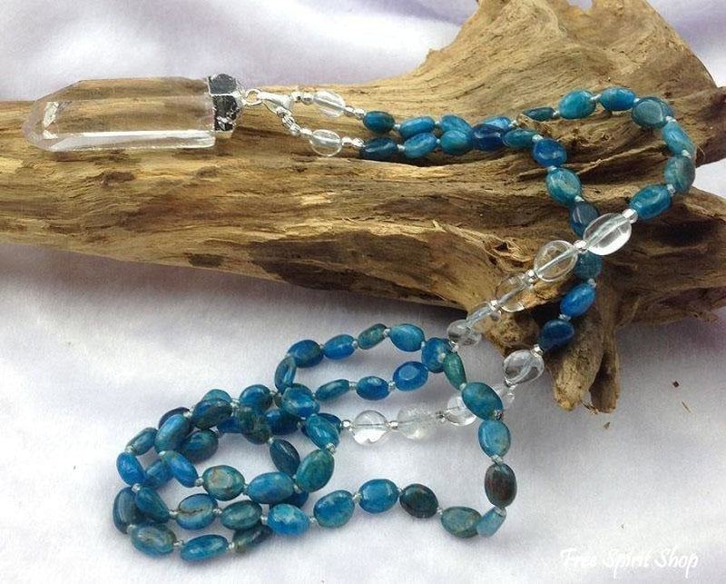 Natural Blue Apatite & Clear Quartz Crystal Necklace