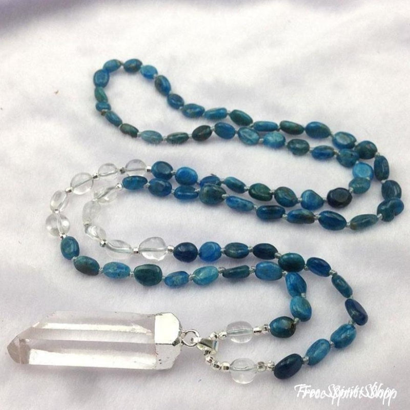 Natural Blue Apatite & Clear Quartz Crystal Necklace