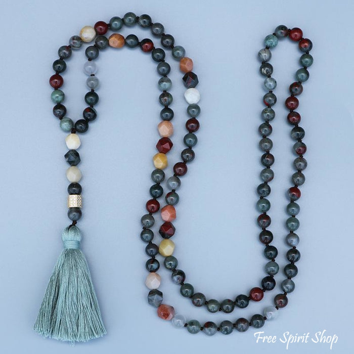 Natural Indian Bloodstone & Egg Stone Bead Mala Necklace