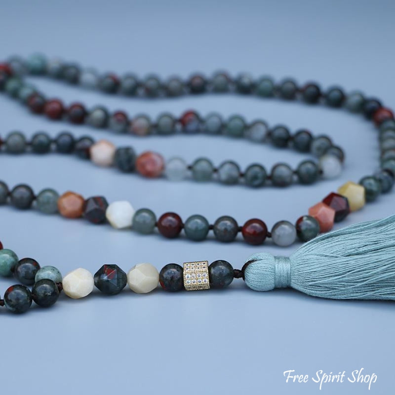 Natural Indian Bloodstone & Egg Stone Bead Mala Necklace